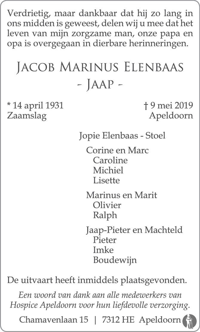 Jacob Marinus (Jaap) Elenbaas 09-05-2019 overlijdensbericht en ...