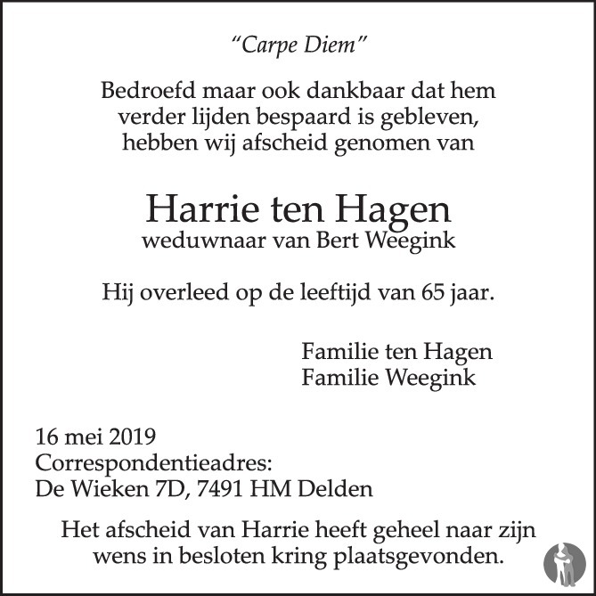 Harrie ten Hagen 16-05-2019 overlijdensbericht en condoleances ...