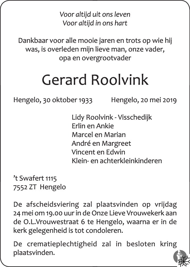 Gerard Roolvink 20-05-2019 overlijdensbericht en condoleances ...