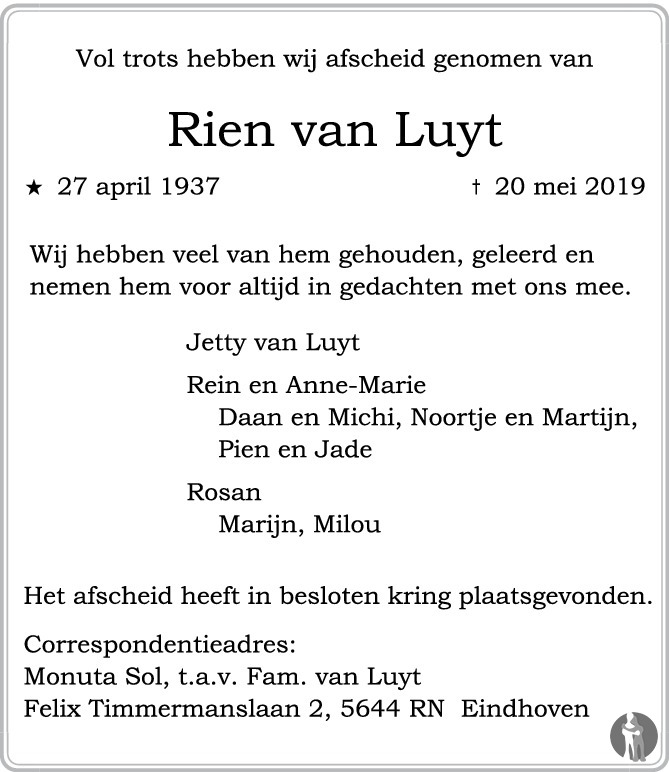 Rien van Luyt 20-05-2019 overlijdensbericht en condoleances - Mensenlinq.nl