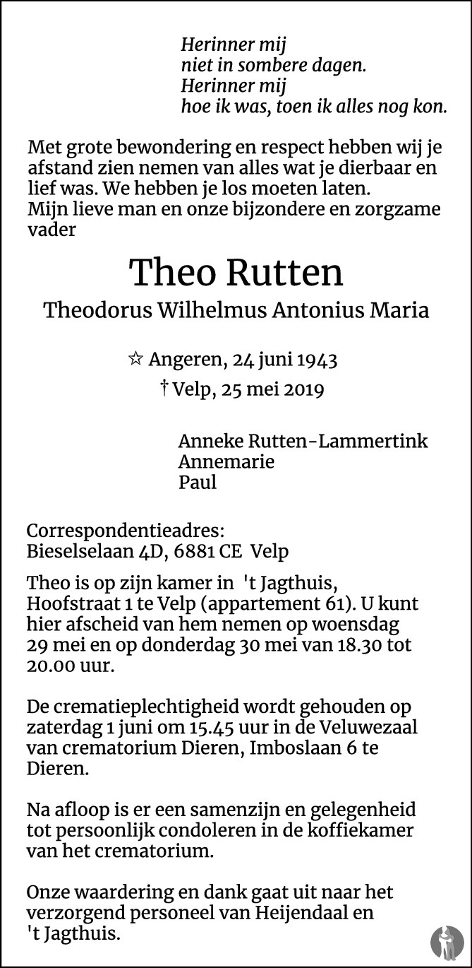 Theodorus Wilhelmus Antonius Maria (Theo) Rutten 25-05-2019 ...
