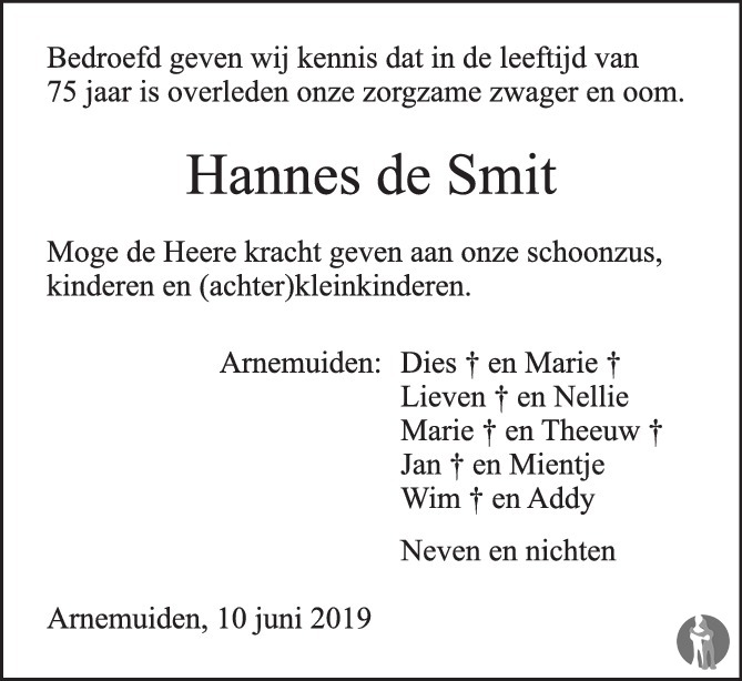 Johannes Paulus (Hannes) de Smit 10-06-2019 overlijdensbericht en ...