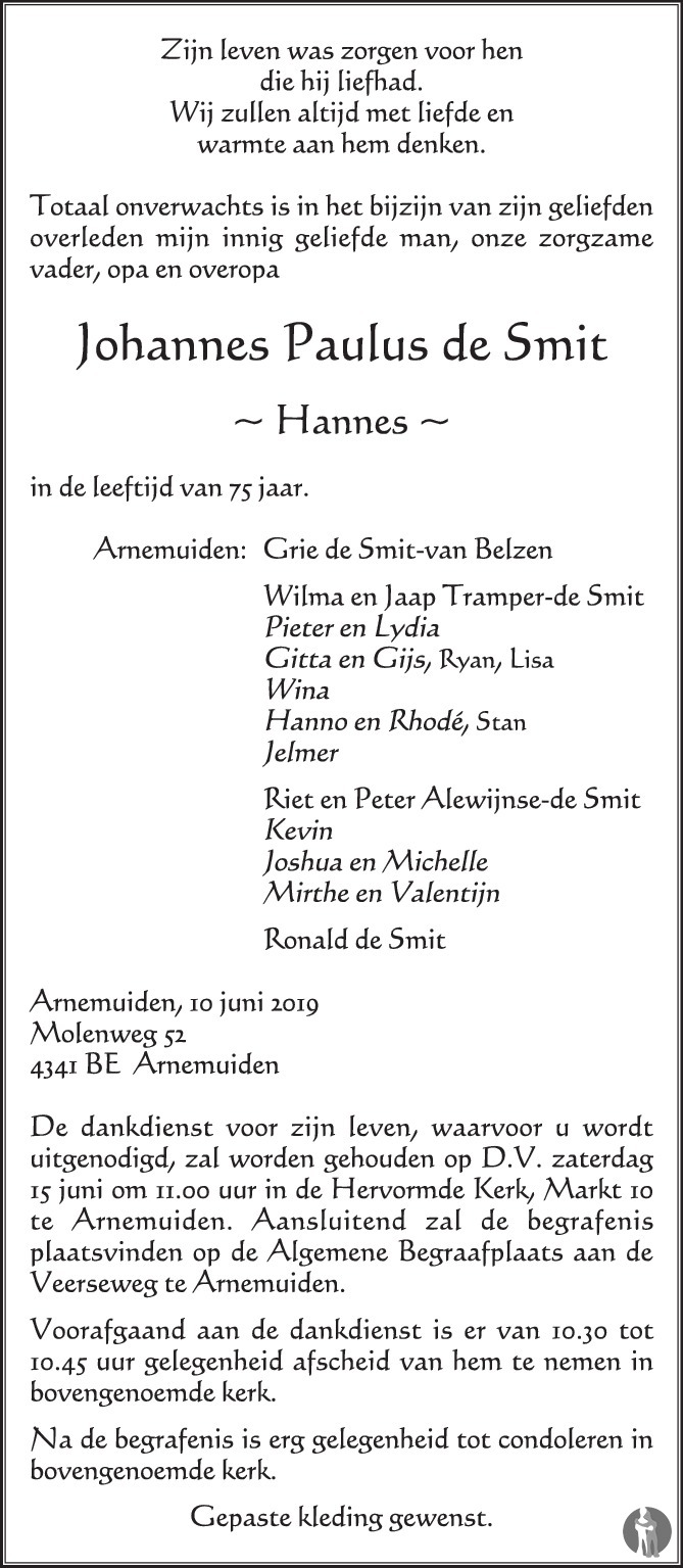 Johannes Paulus (Hannes) de Smit 10-06-2019 overlijdensbericht en ...