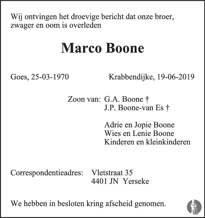 Marco Boone 19-06-2019 overlijdensbericht en condoleances - Mensenlinq.nl
