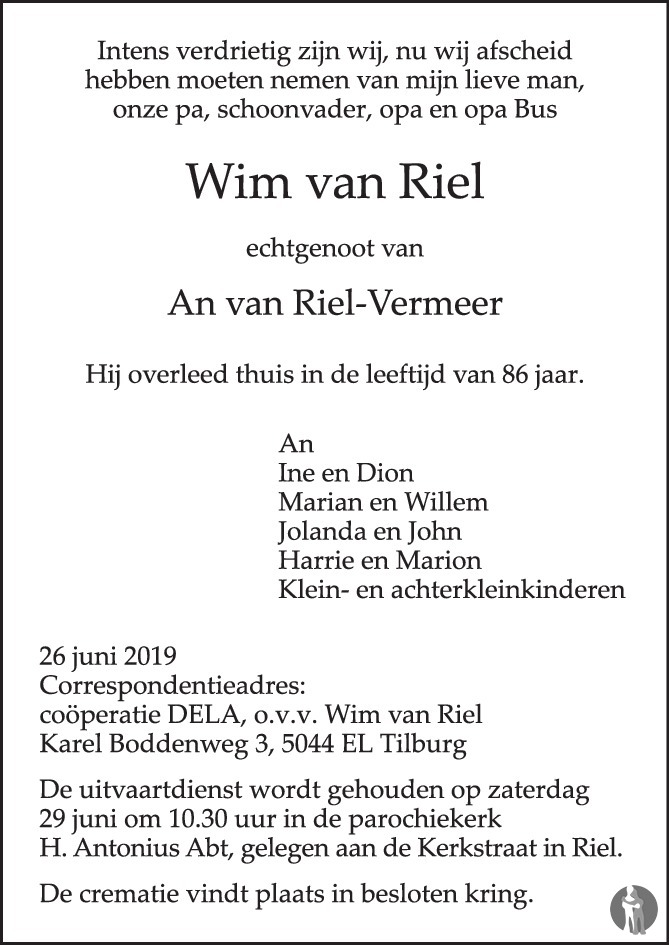 Wim van Riel 26-06-2019 overlijdensbericht en condoleances - Mensenlinq.nl