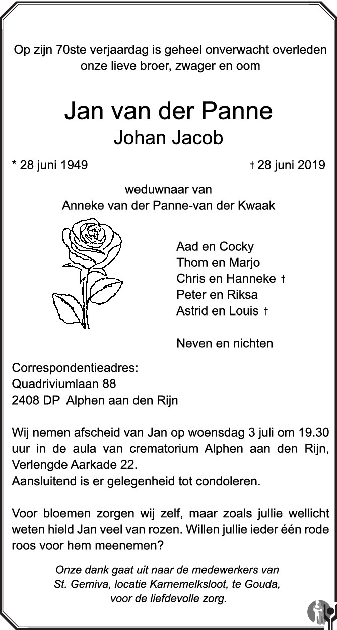 Johan Jacob (Jan) van der Panne 28-06-2019 overlijdensbericht en ...