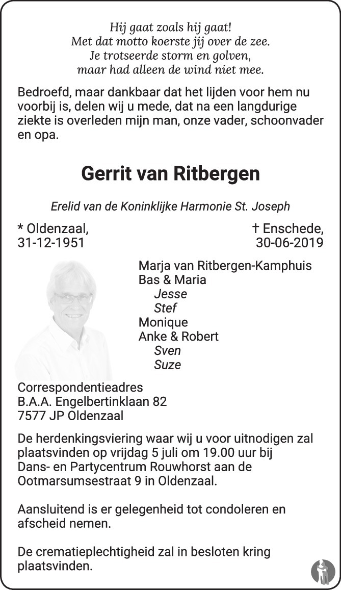 Gerrit van Ritbergen 30-06-2019 overlijdensbericht en condoleances ...