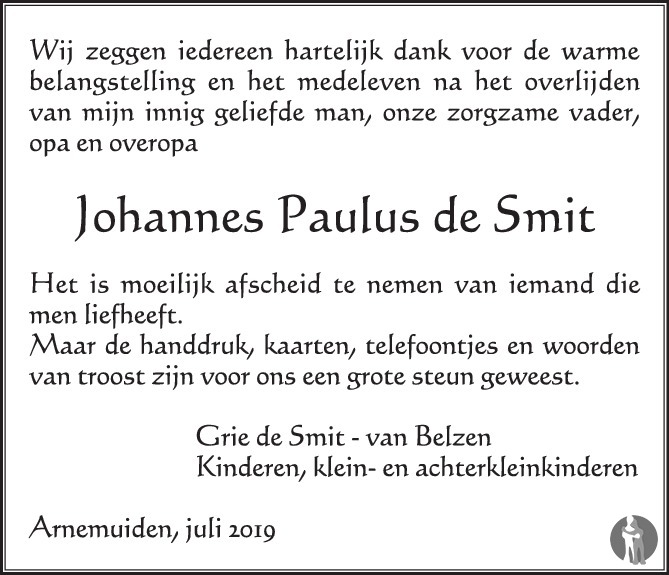 Johannes Paulus (Hannes) de Smit 10-06-2019 overlijdensbericht en ...