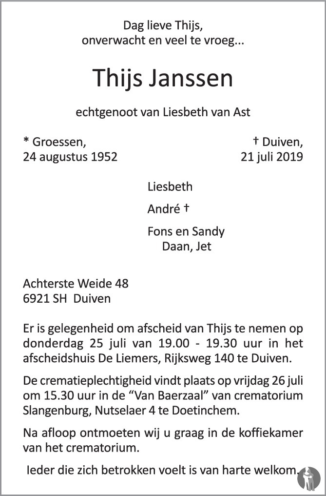 Thijs Janssen 21-07-2019 overlijdensbericht en condoleances - Mensenlinq.nl