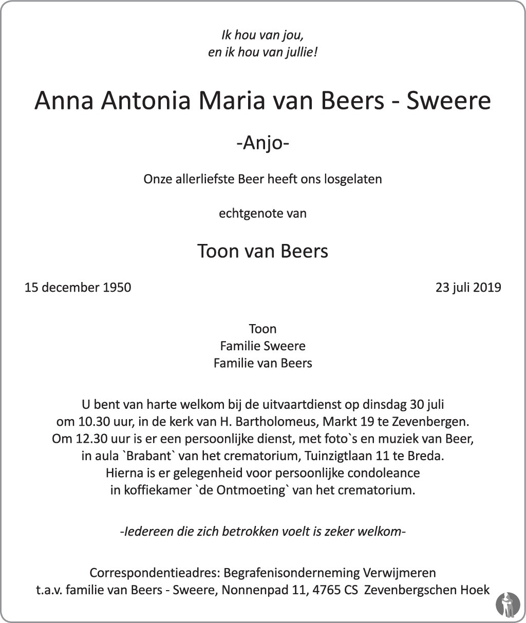 Anna Antonia Maria (Anjo) Beers - Sweere 23-07-2019 overlijdensbericht ...