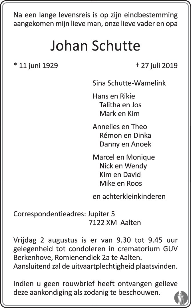 Johan Schutte 27-07-2019 overlijdensbericht en condoleances - Mensenlinq.nl