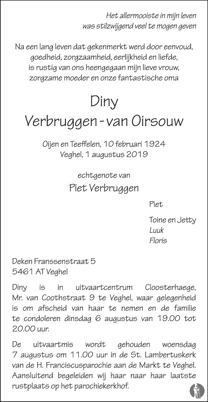 Diny Verbruggen - van Oirsouw 01-08-2019 overlijdensbericht en ... Diny Verbruggen - van Oirsouw 01-08-2019 overlijdensbericht en ...