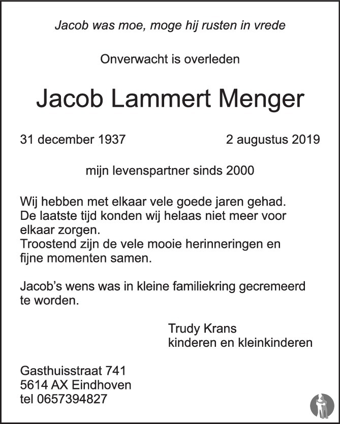 Jacob Lammert Menger 02-08-2019 overlijdensbericht en condoleances - Mensenlinq.nl
