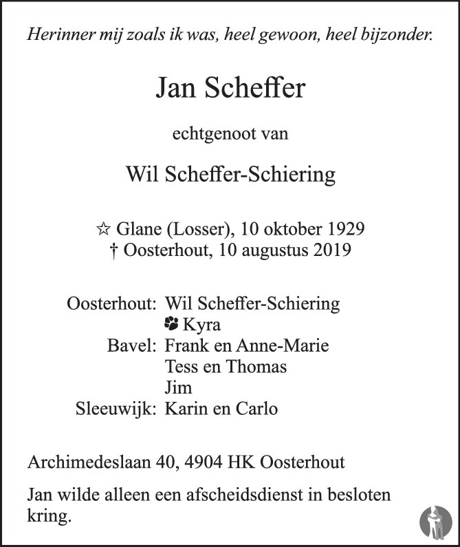 Jan Scheffer 10-08-2019 overlijdensbericht en condoleances - Mensenlinq.nl