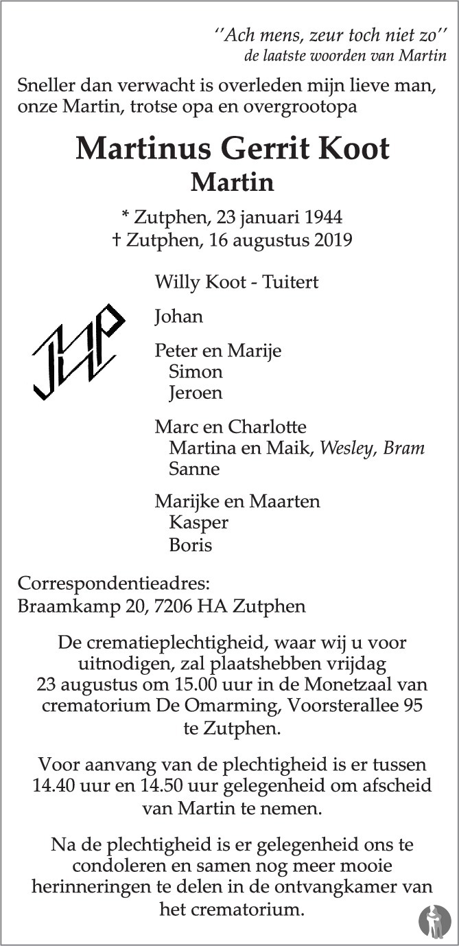 Martinus Gerrit (Martin) Koot 16-08-2019 overlijdensbericht en ...