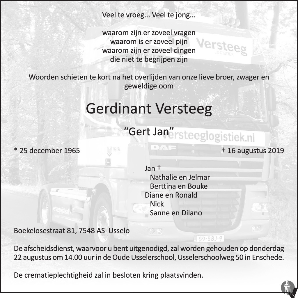 Gerdinant (Gert Jan) Versteeg 16-08-2019 overlijdensbericht en ...