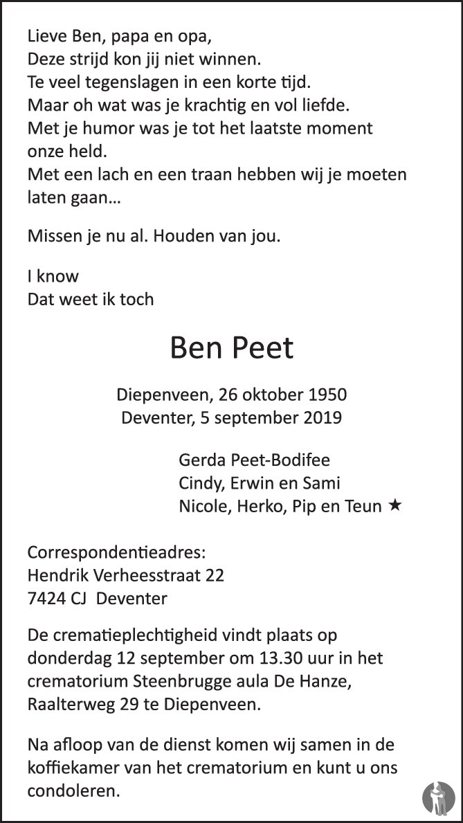 Ben Peet 05-09-2019 overlijdensbericht en condoleances - Mensenlinq.nl