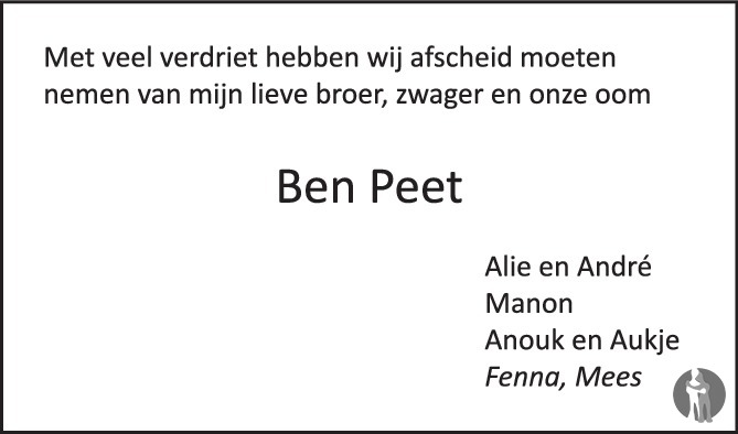 Ben Peet 05-09-2019 overlijdensbericht en condoleances - Mensenlinq.nl