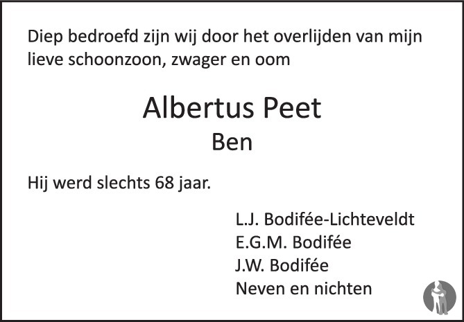Ben Peet 05-09-2019 overlijdensbericht en condoleances - Mensenlinq.nl