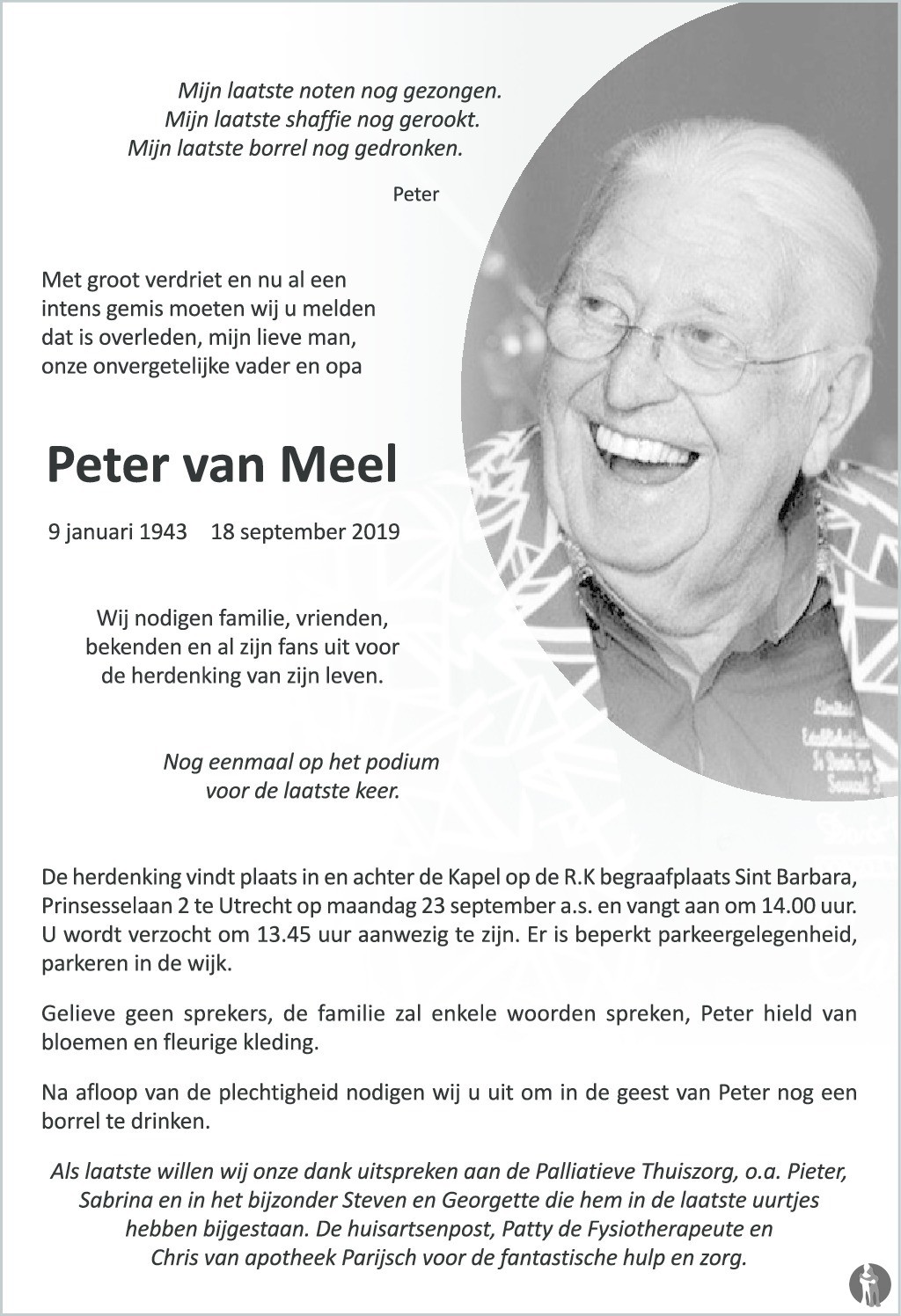 Peter van Meel 18-09-2019 overlijdensbericht en condoleances ...