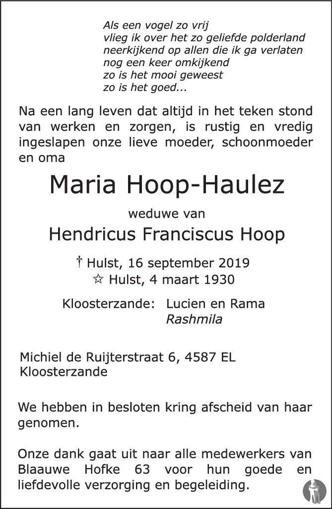 Maria Hoop - Haulez 04-09-2019 overlijdensbericht en condoleances ...