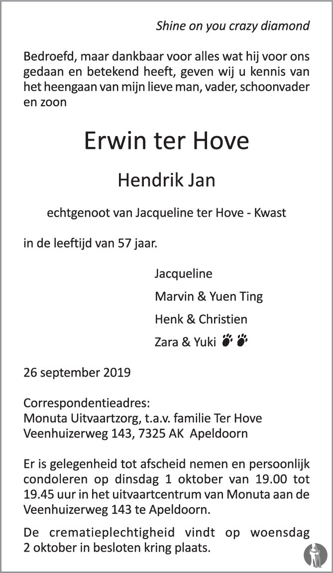 Hendrik Jan (Erwin) ter Hove 26-09-2019 overlijdensbericht en ...