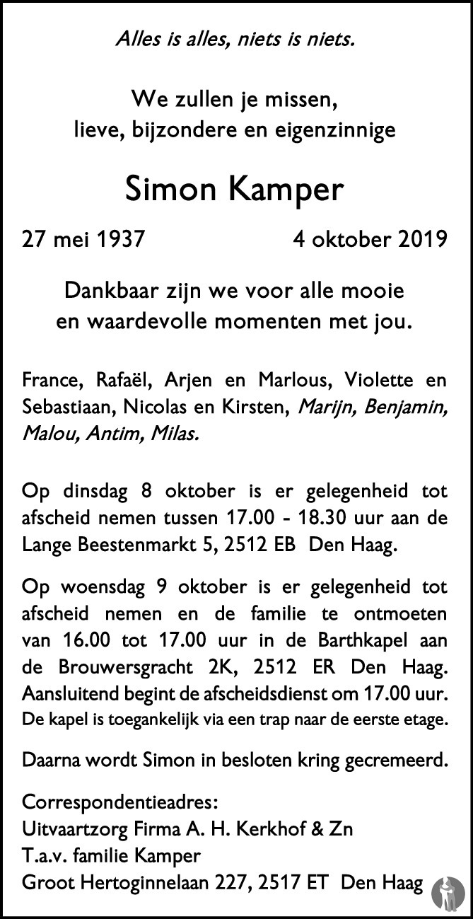 Simon Kamper 04-10-2019 overlijdensbericht en condoleances - Mensenlinq.nl