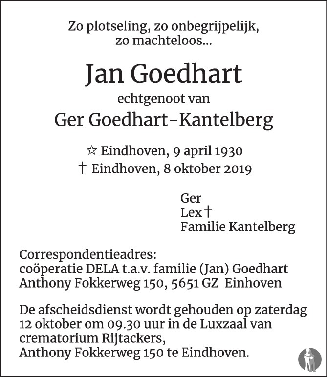 Jan Goedhart 08-10-2019 overlijdensbericht en condoleances - Mensenlinq.nl