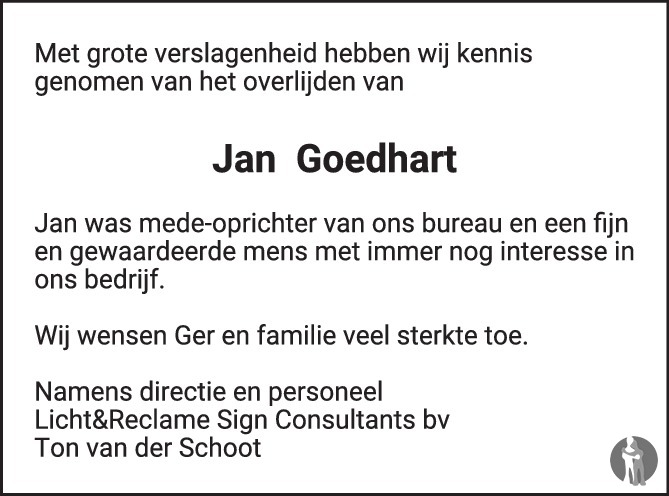 Jan Goedhart 08-10-2019 overlijdensbericht en condoleances - Mensenlinq.nl