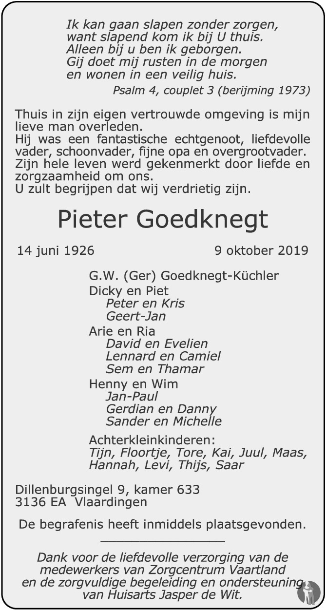 Pieter Goedknegt 09-10-2019 overlijdensbericht en condoleances ...
