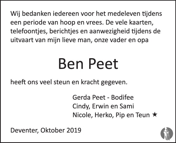 Ben Peet 05-09-2019 overlijdensbericht en condoleances - Mensenlinq.nl