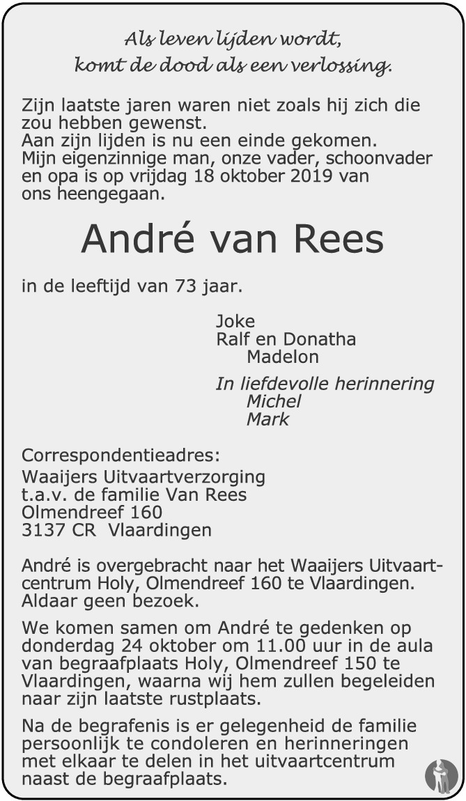 André van Rees 18-10-2019 overlijdensbericht en condoleances ...