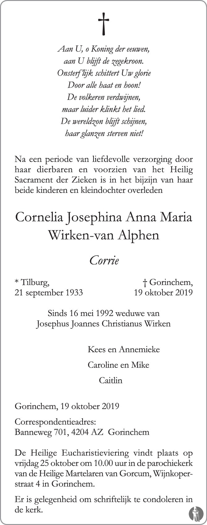 Cornelia Josephina Anna Maria (Corrie) Wirken - van Alphen 19-10-2019 ...