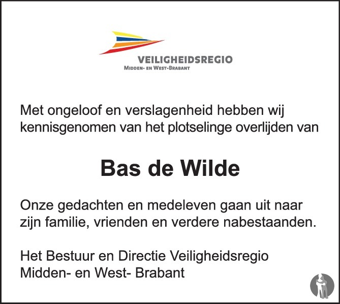 Bas de Wilde 23-10-2019 overlijdensbericht en condoleances - Mensenlinq.nl