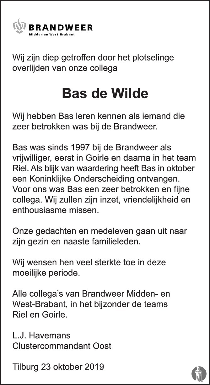 Bas de Wilde 23-10-2019 overlijdensbericht en condoleances - Mensenlinq.nl