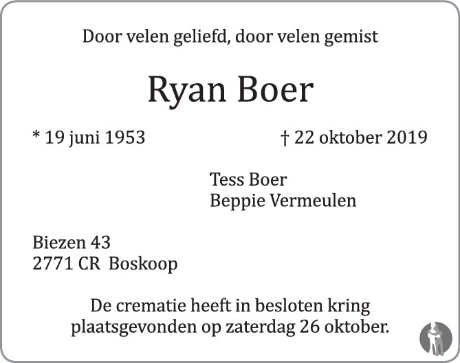 Ryan Boer 22-10-2019 overlijdensbericht en condoleances - Mensenlinq.nl