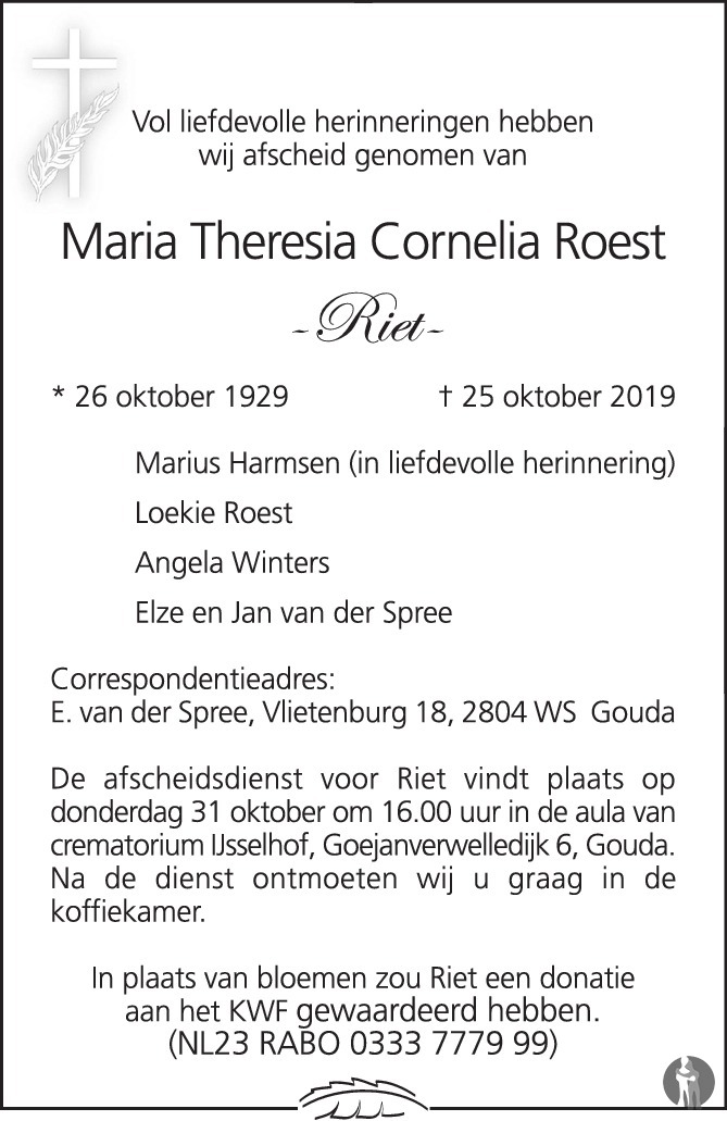 Maria Theresia Cornelia (Riet) Roest 25-10-2019 overlijdensbericht en ...