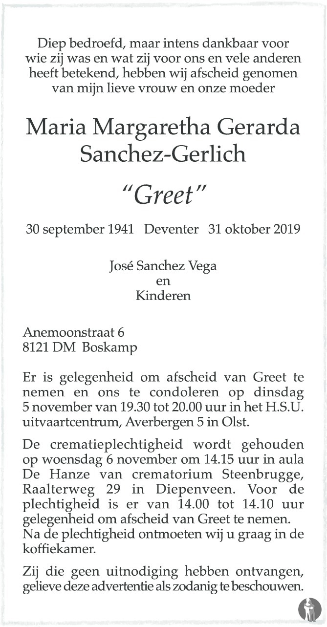 Maria Margaretha Gerarda (Greet) Sanchez - Gerlich 31-10-2019 ...