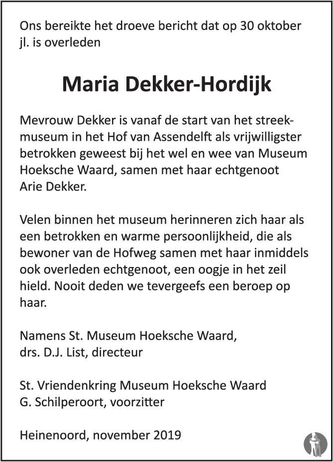 Maria (Riet) Dekker - Hordijk 30-10-2019 overlijdensbericht en ...