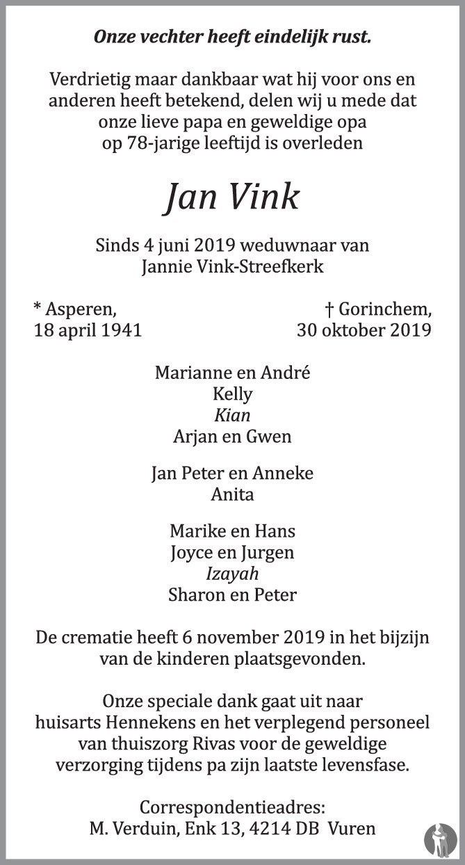 Jan Vink 30-10-2019 overlijdensbericht en condoleances - Mensenlinq.nl