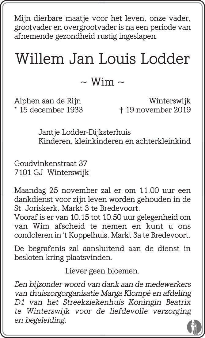 Willem Jan Louis (Wim) Lodder 19-11-2019 overlijdensbericht en ...