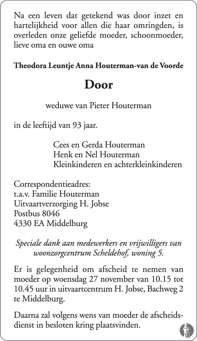 Theodora Leuntje Anna (Door) Houterman - van de Voorde 21-11-2019 ...