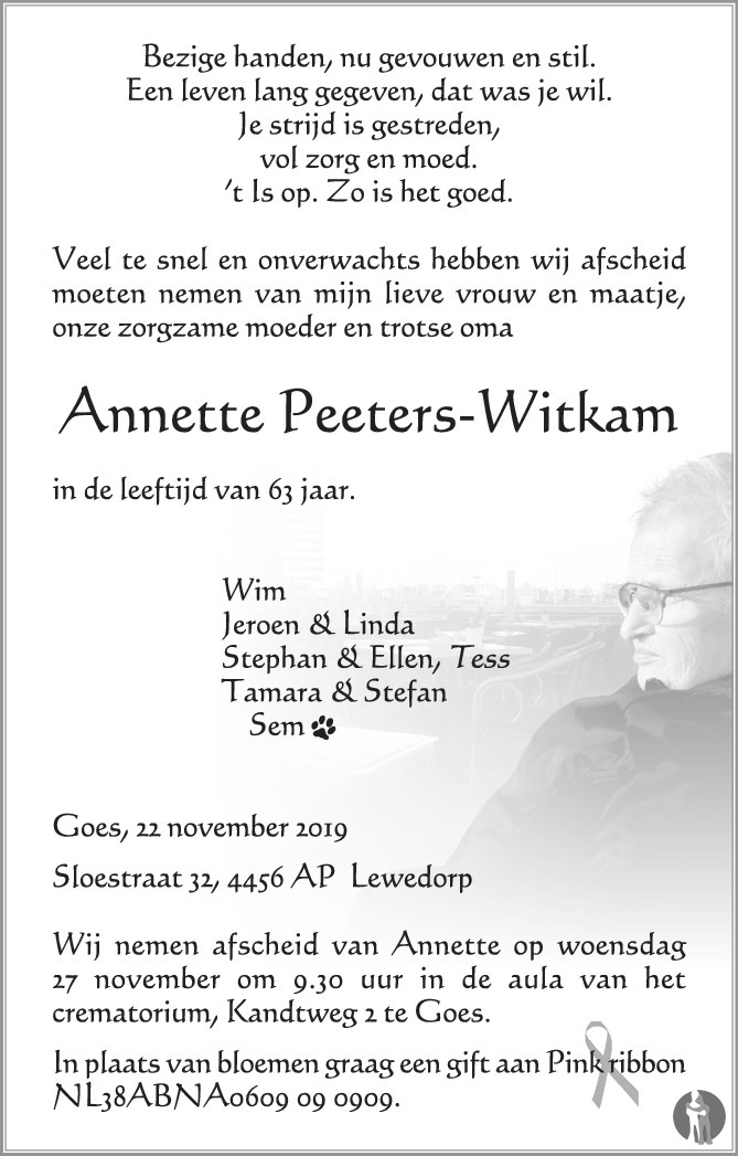 Annette Peeters - Witkam 22-11-2019 overlijdensbericht en condoleances ...