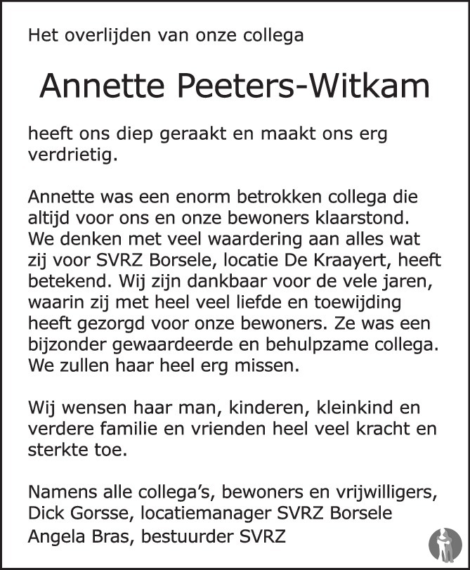Annette Peeters - Witkam 22-11-2019 overlijdensbericht en condoleances ...