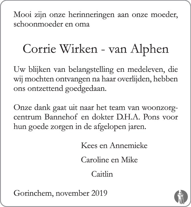 Cornelia Josephina Anna Maria (Corrie) Wirken - van Alphen 19-10-2019 ...