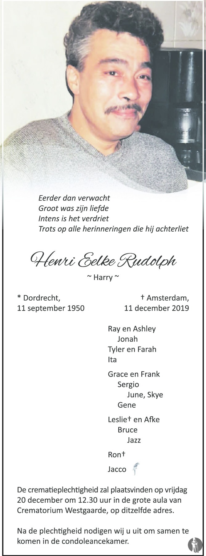 Henri Eelke (Harry) Rudolph 11-12-2019 overlijdensbericht en ...