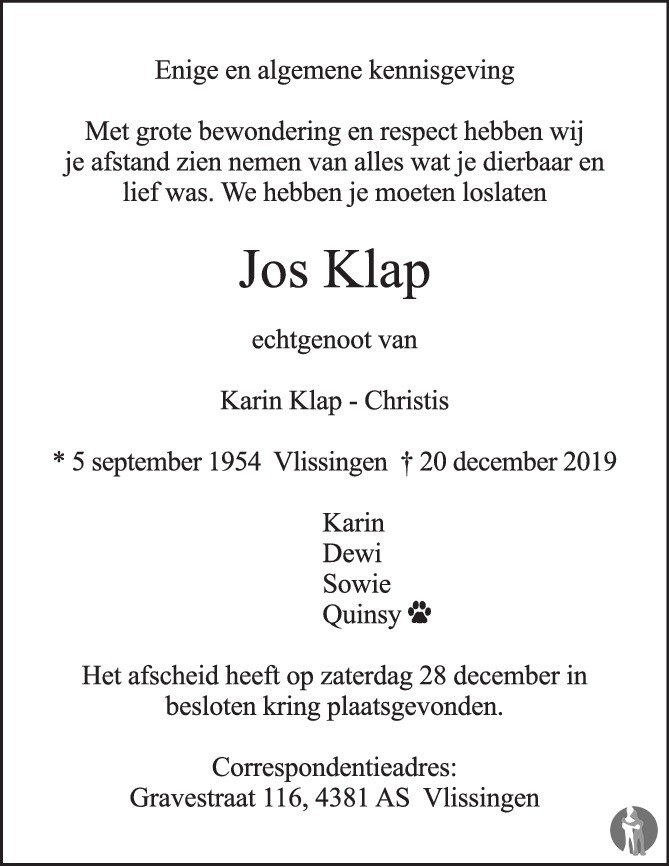 Jos Klap 20-12-2019 overlijdensbericht en condoleances - Mensenlinq.nl