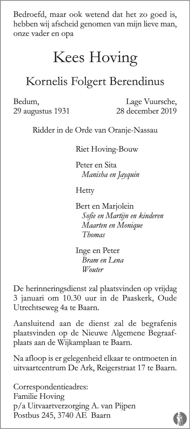 Kornelis Folgert Berendinus (Kees) Hoving 28-12-2019 overlijdensbericht ...