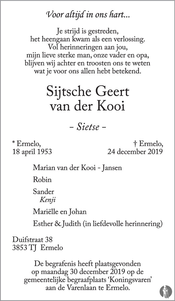 Sijtsche Geert (Sietse) van der Kooi 24-12-2019 overlijdensbericht en ...