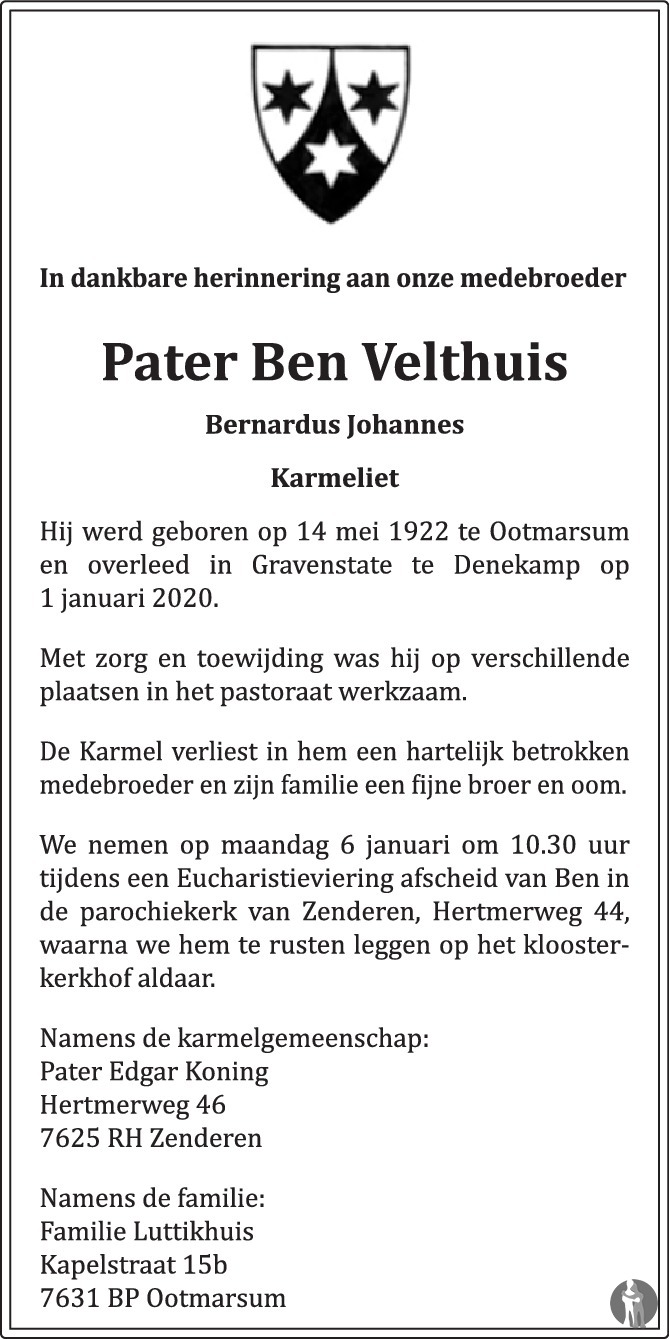 Pater Ben Velthuis 01-01-2020 overlijdensbericht en condoleances ...